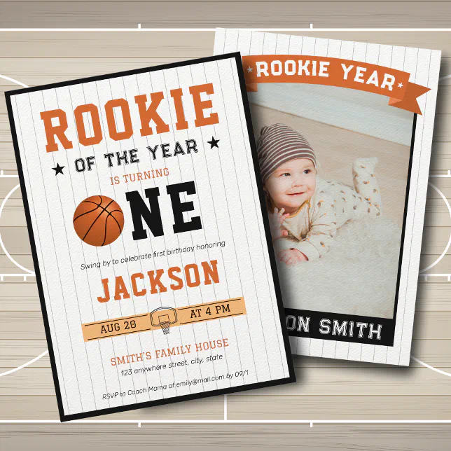 Rookie of the Year 1st Birthday Basketball Photo Invitation | Zazzle