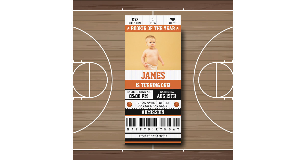 Rookie of the Year 1st Birthday Basketball Ticket Invitation | Zazzle