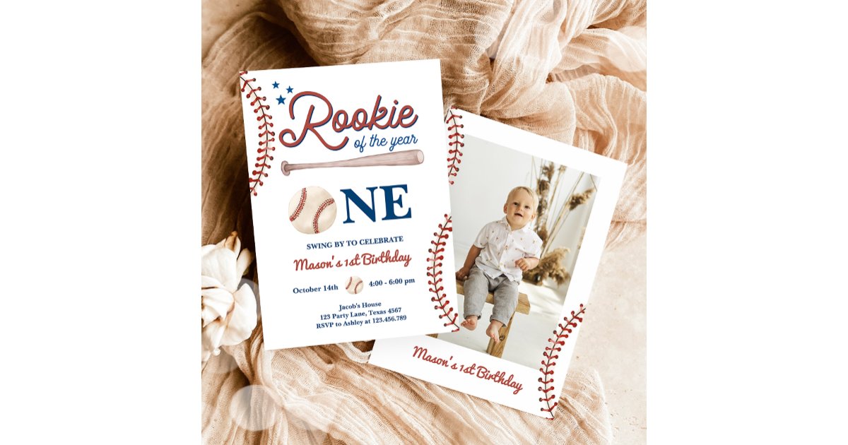 Rookie of The Year 1st Sport Boy Baseball Birthday Invitation | Zazzle