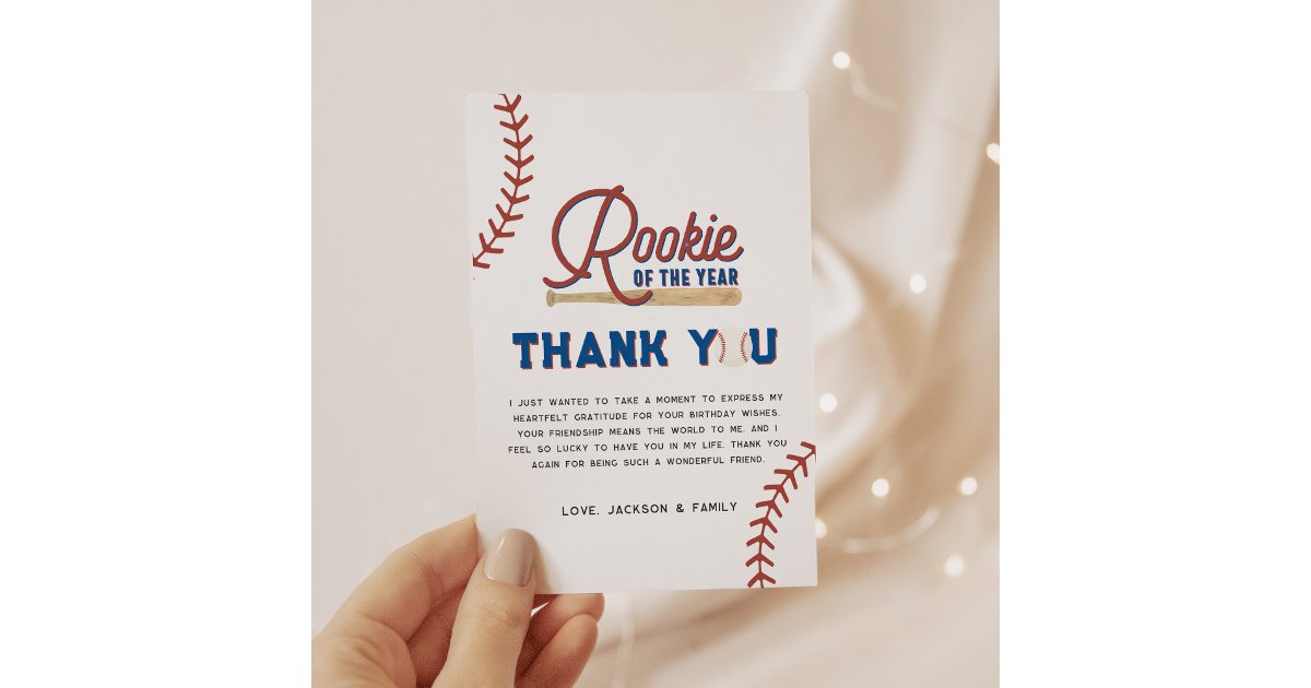 Rookie of the Year Baseball 1st Birthday Party Inv Thank You Card | Zazzle