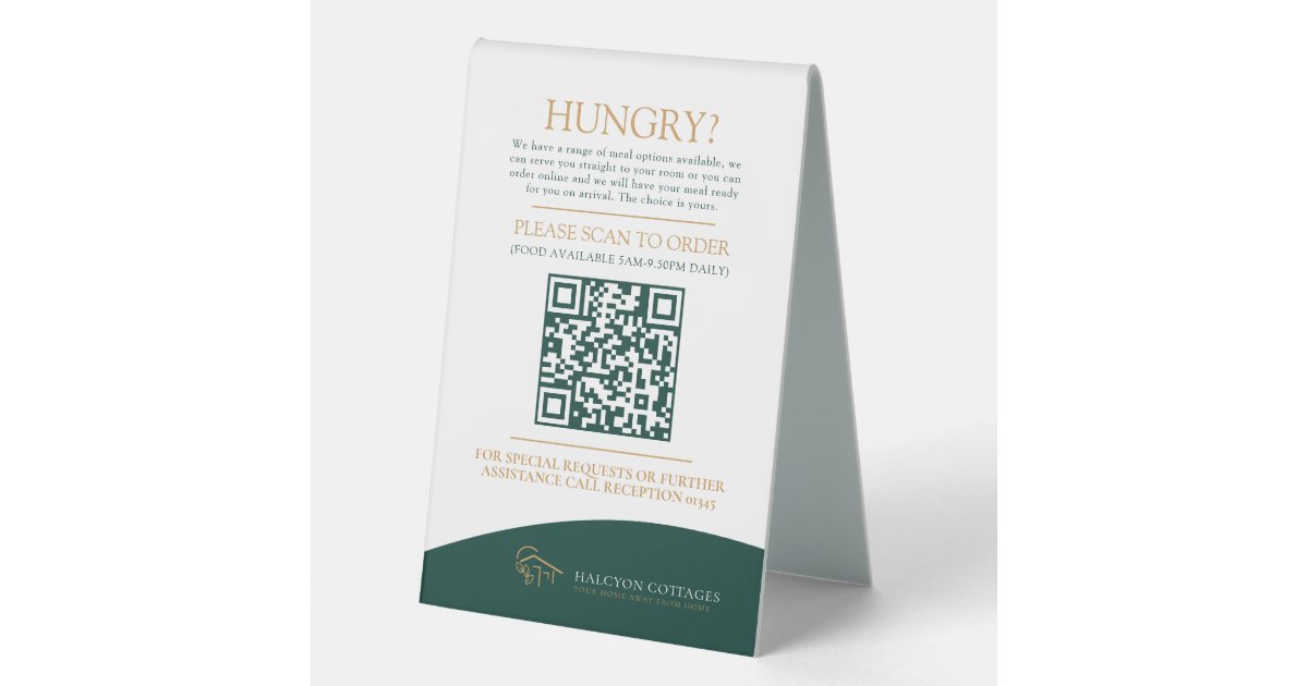 Room service food ordering hotel QR code green Table Tent | Zazzle