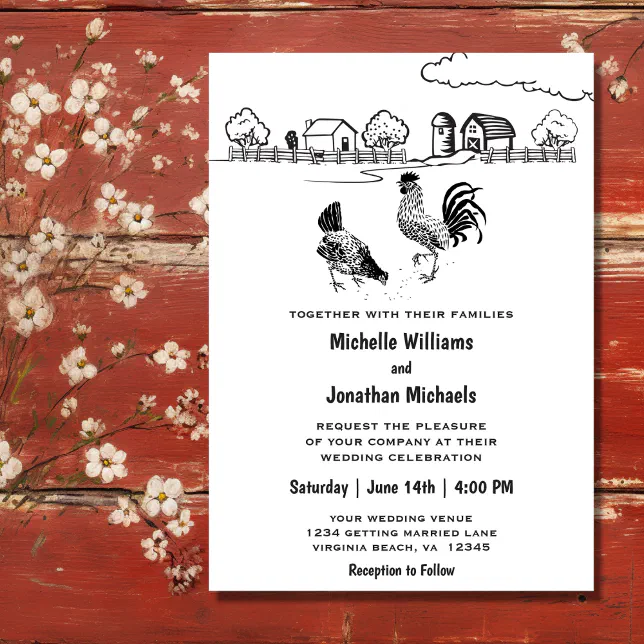 Rooster and Hen Chickens Charming Farm Wedding Invitation | Zazzle