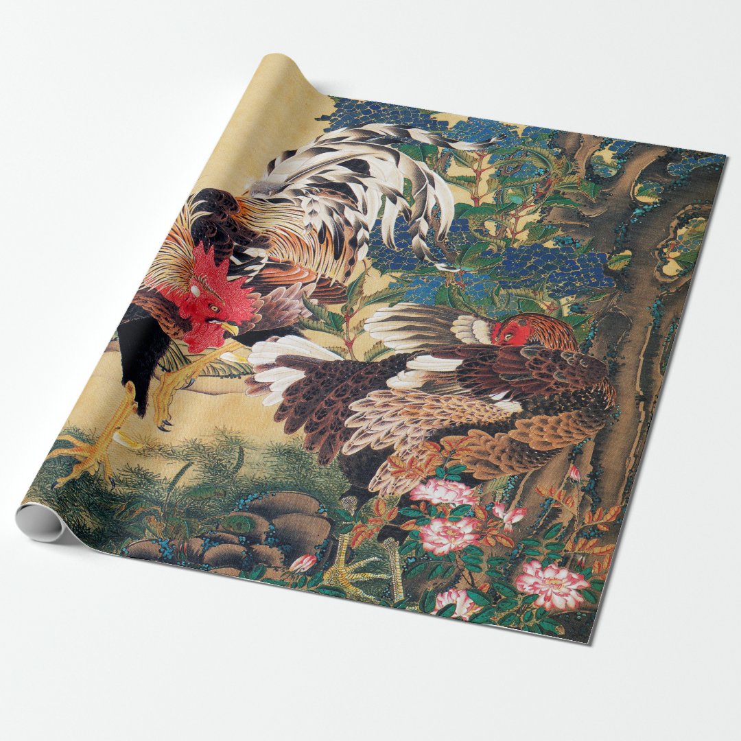 Rooster and Hen with Hydrangeas by Ito Jakuchu Wrapping Paper | Zazzle