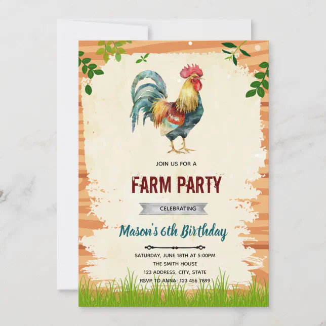 Rooster birthday party invitation | Zazzle