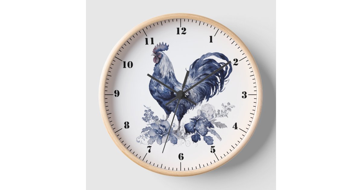 "Rooster" Blue Willow Style Clock | Zazzle