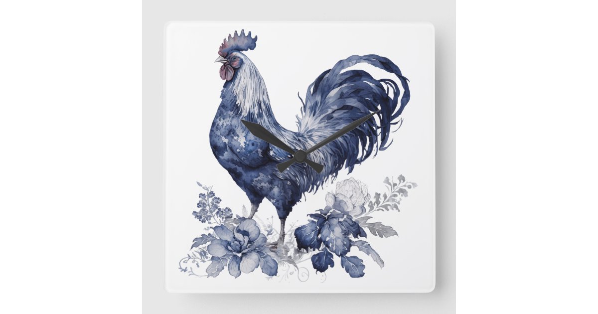 "Rooster" Blue Willow Style Square Wall Clock | Zazzle