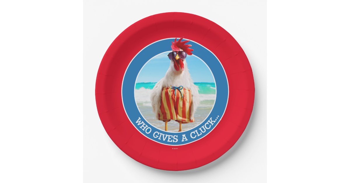 Rooster Dude Chillin' at Beach in Swim Trunks Paper Plates | Zazzle