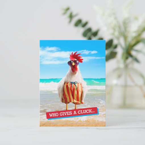 Rooster Dude Chillin' at Beach in Swim Trunks Postcard | Zazzle