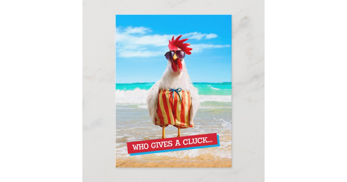 Rooster Dude Chillin' at Beach in Swim Trunks Postcard | Zazzle
