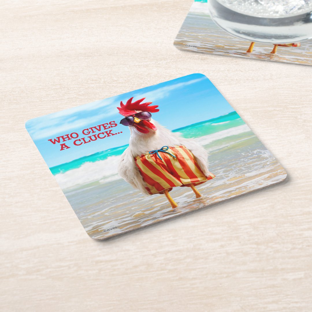 Rooster Dude Chillin' at Beach in Swim Trunks Square Paper Coaster | Zazzle