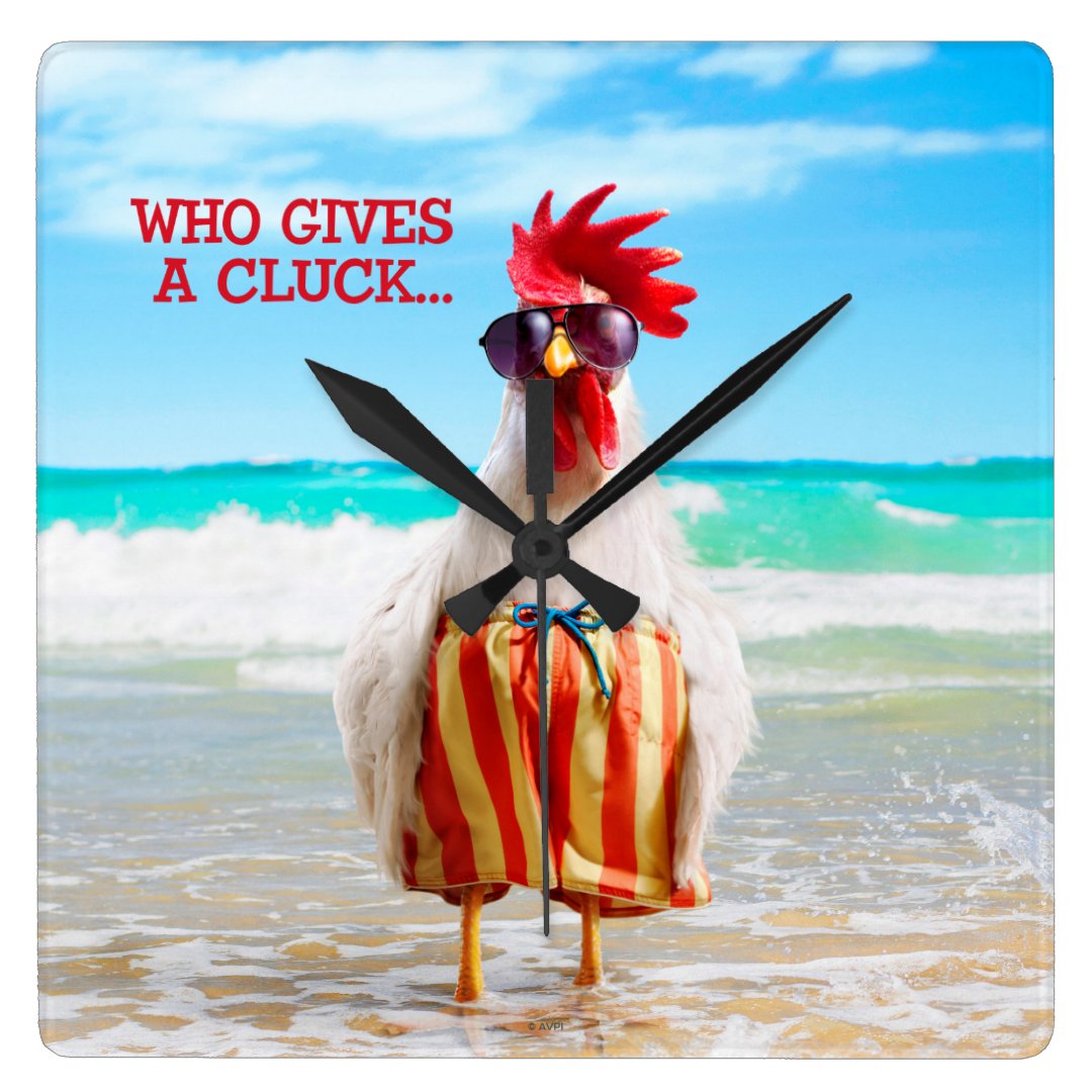 Rooster Dude Chillin' at Beach in Swim Trunks Square Wall Clock | Zazzle