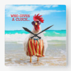 Rooster Dude Chillin' at Beach in Swim Trunks Square Wall Clock | Zazzle