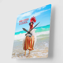 Rooster Dude Chillin' at Beach in Swim Trunks Square Wall Clock | Zazzle