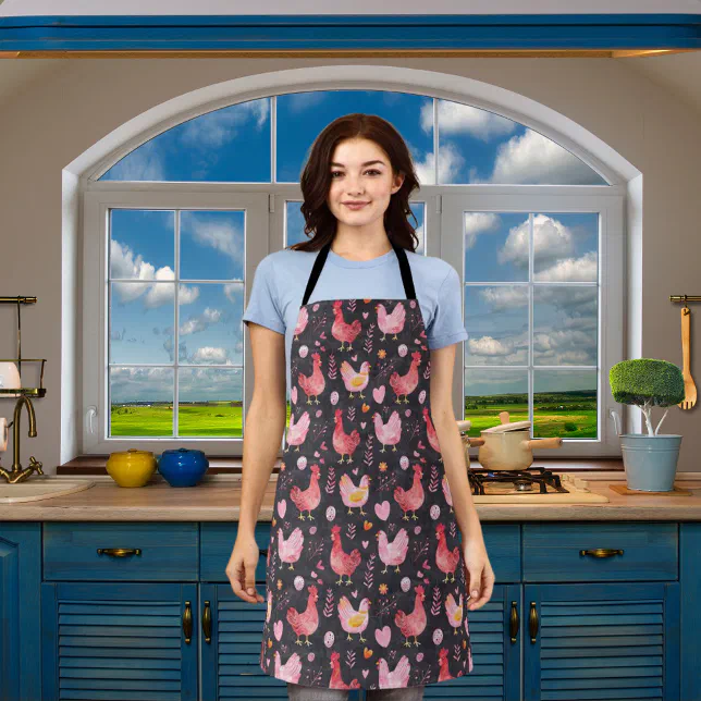 Rooster hens farmhouse black red pink apron | Zazzle
