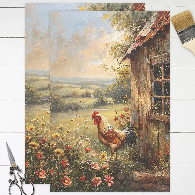 Rooster on the Farm Painting Decoupage Tissue Paper | Zazzle