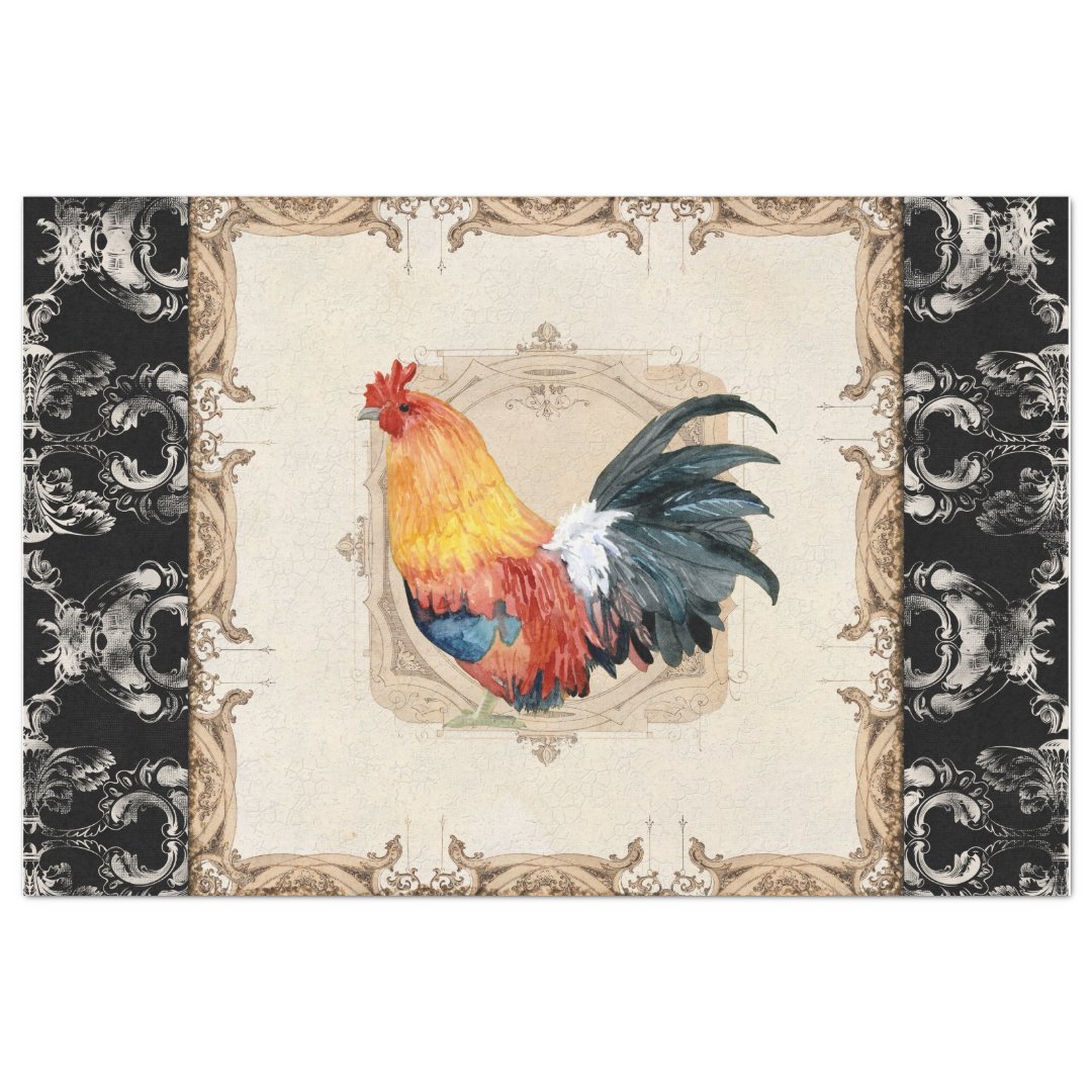 Rooster Vintage French Damask Black Decoupage Tiss Tissue Paper | Zazzle