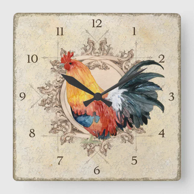 Rooster Watercolor Black Tan Vintage Farmhouse Square Wall Clock | Zazzle