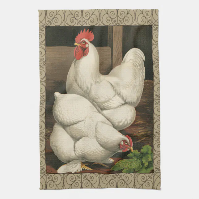 Roosters & Hen outside Hen House with White Border Kitchen Towel | Zazzle