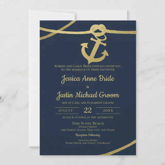 Rope Anchor Gold and Navy Blue Wedding Invitation | Zazzle