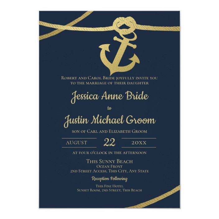 Rope Anchor Gold and Navy Blue Wedding Invitation | Zazzle.com