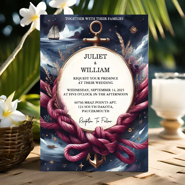 Rope Knot Boat Ship Navy Blue Nautical Wedding Invitation | Zazzle