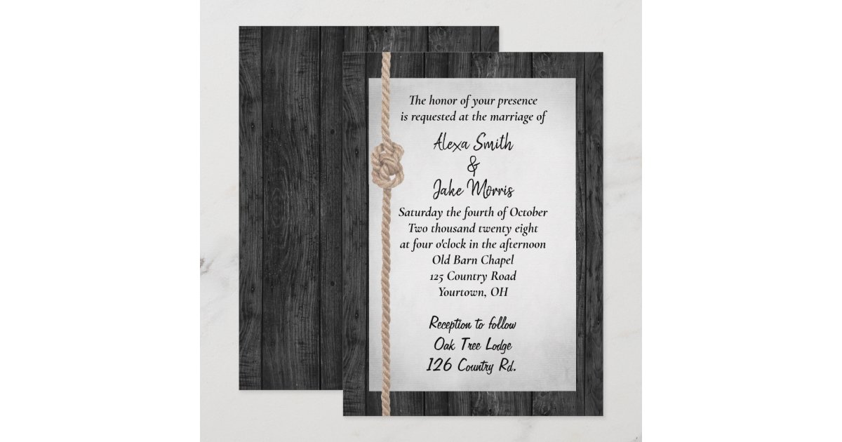 Rope Knot On Barn Wood Wedding Invitation | Zazzle