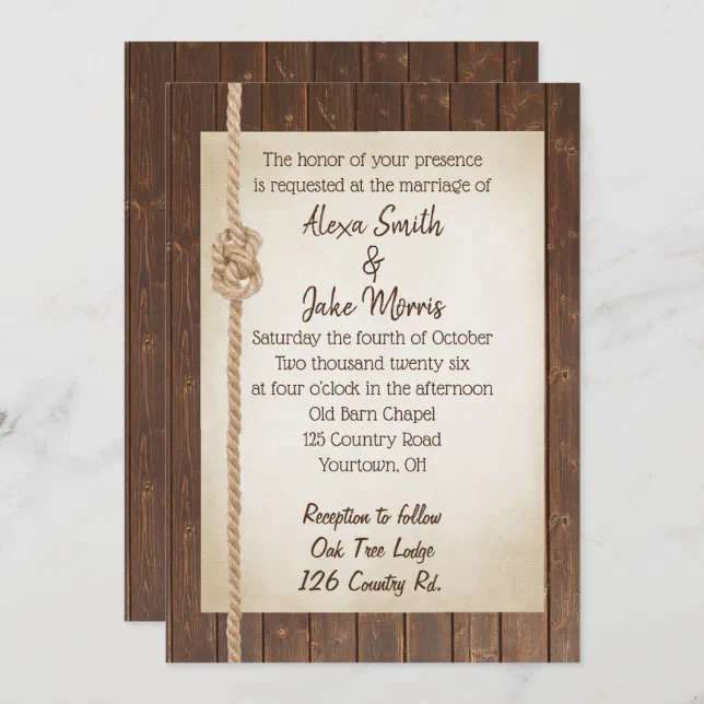 Rope Knot On Wood Wedding Invite | Zazzle