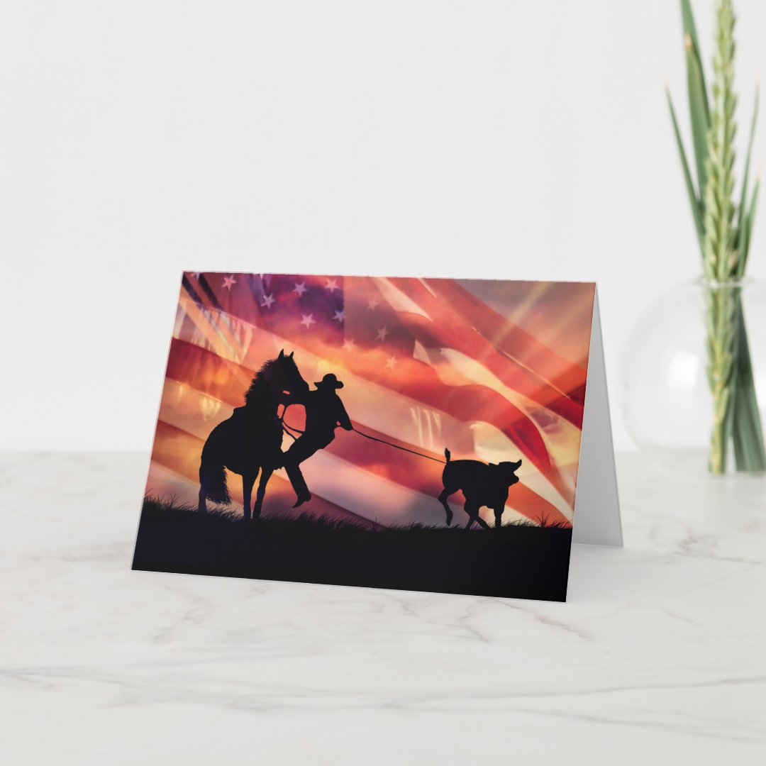 Roping American Cowboy with Horse and Steer Card | Zazzle