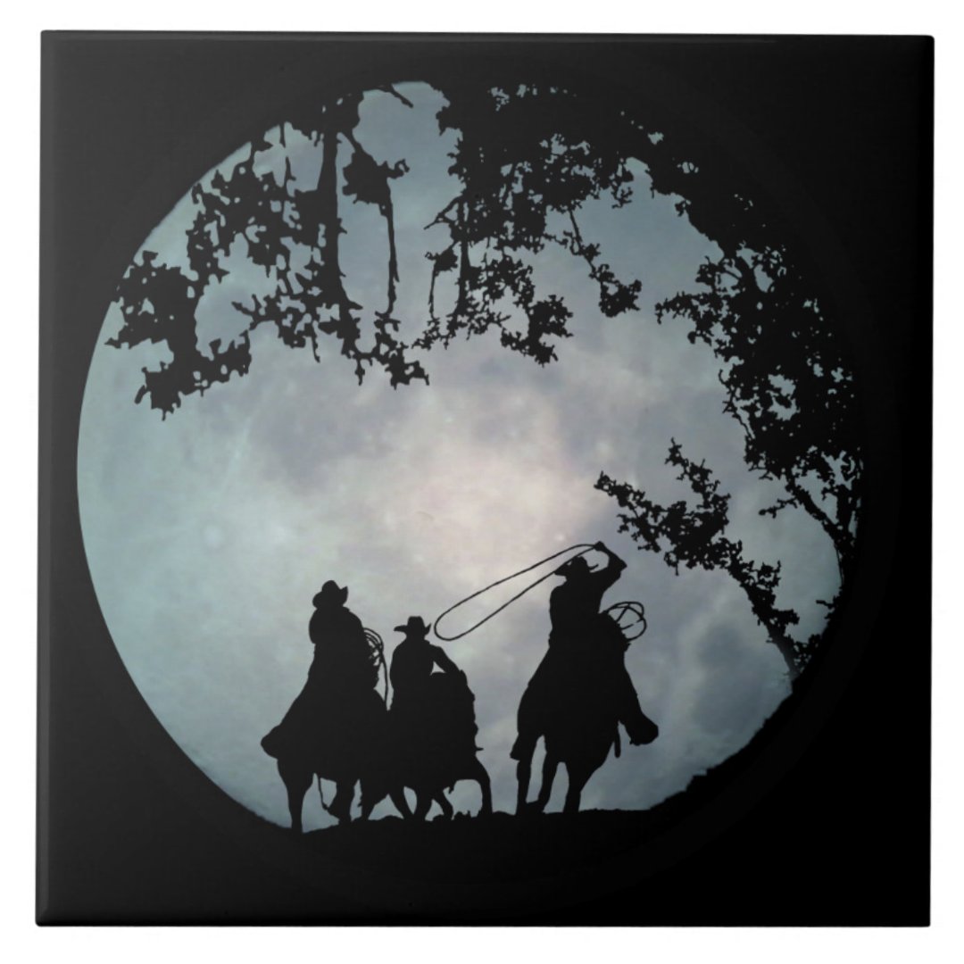 Roping Cowboys and Full Moon Art Tile | Zazzle