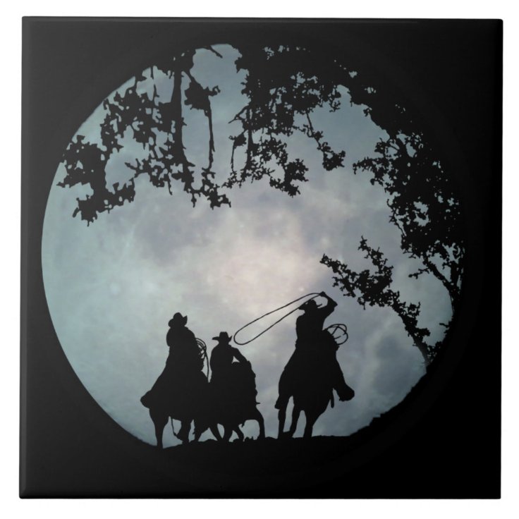 Roping Cowboys and Full Moon Art Tile | Zazzle