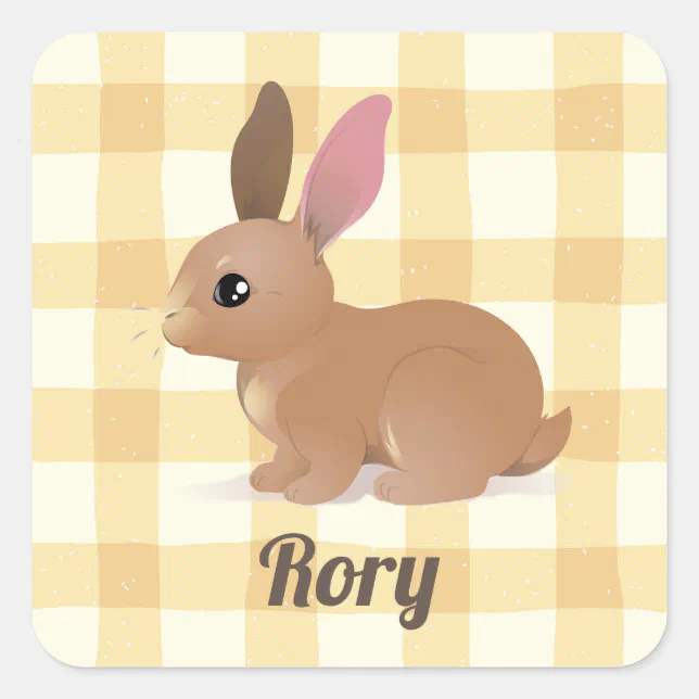 Rory Custom Name Kids Bunny Rabbit Baby Gingham Square Sticker | Zazzle