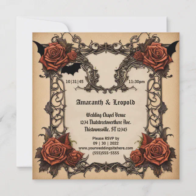 Rose and Batwing Lattice Goth Halloween Wedding Invitation | Zazzle
