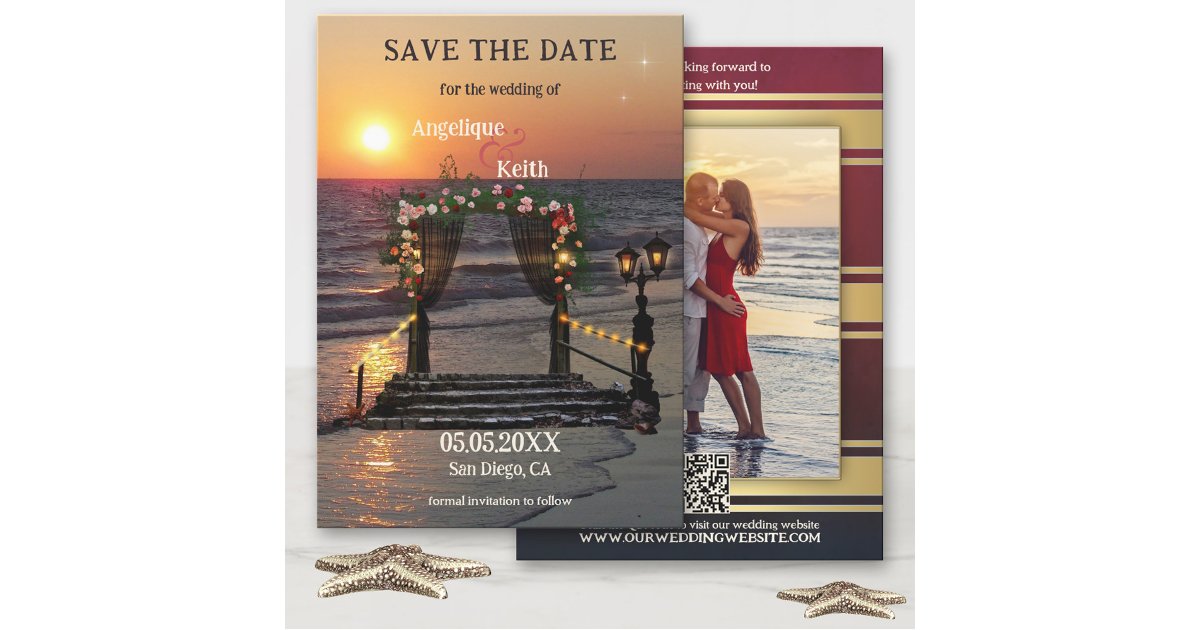 Rose Arbor Beach Sunset QR Code Save the Date Card | Zazzle