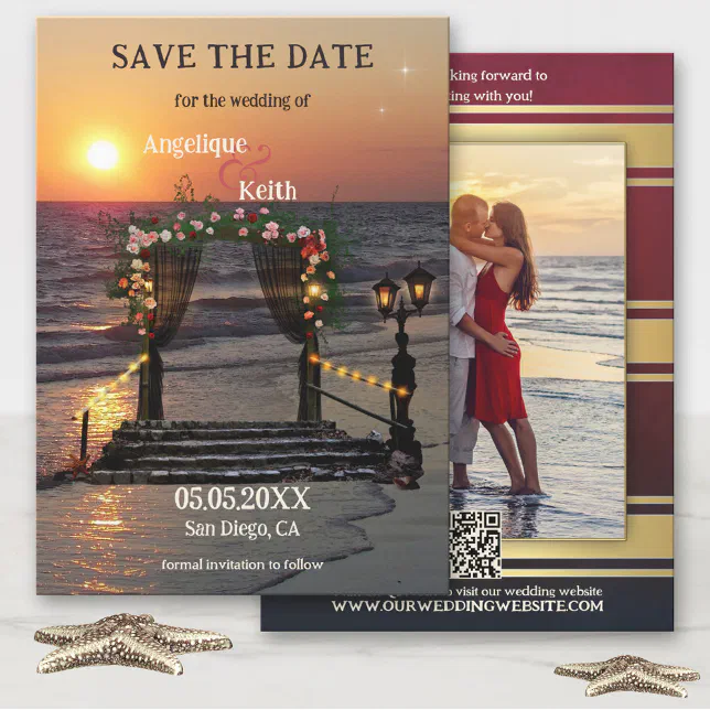 Rose Arbor Beach Sunset QR Code Save the Date Card | Zazzle