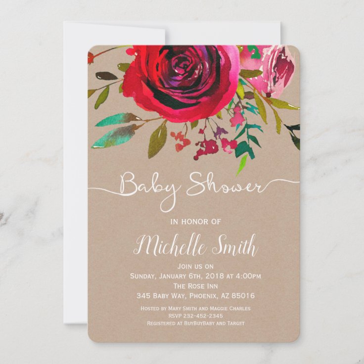 Rose Baby Shower Invitation, Kraft Baby Invitation | Zazzle
