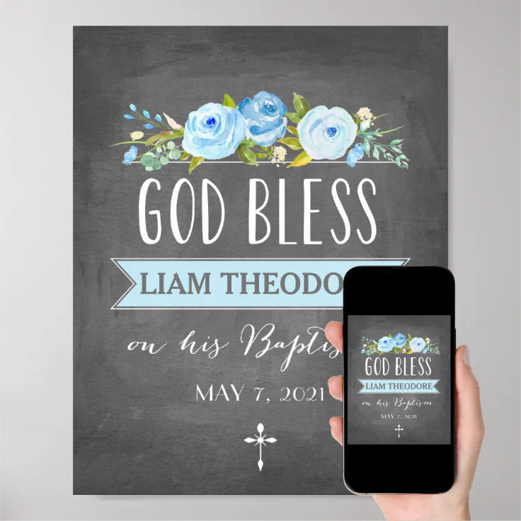 Rose Banner | God Bless | Blue Chalk Baptism Sign | Zazzle