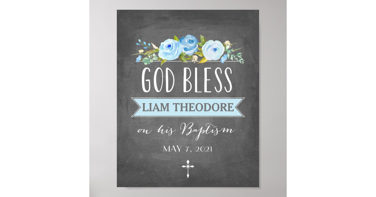 Rose Banner | God Bless | Blue Chalk Baptism Sign | Zazzle