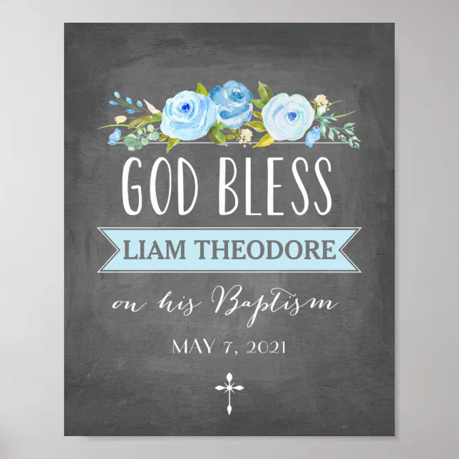Rose Banner | God Bless | Blue Chalk Baptism Sign | Zazzle