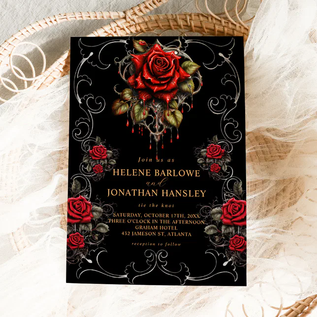Rose Black Floral Moody Gothic Wedding Invitation | Zazzle