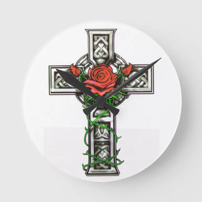Rose cross tattoo design round clock | Zazzle