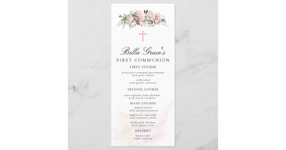 Rose Floral First Communion Menu | Zazzle