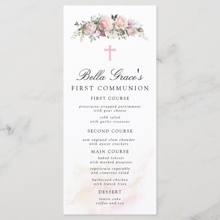 Rose Floral First Communion Menu | Zazzle