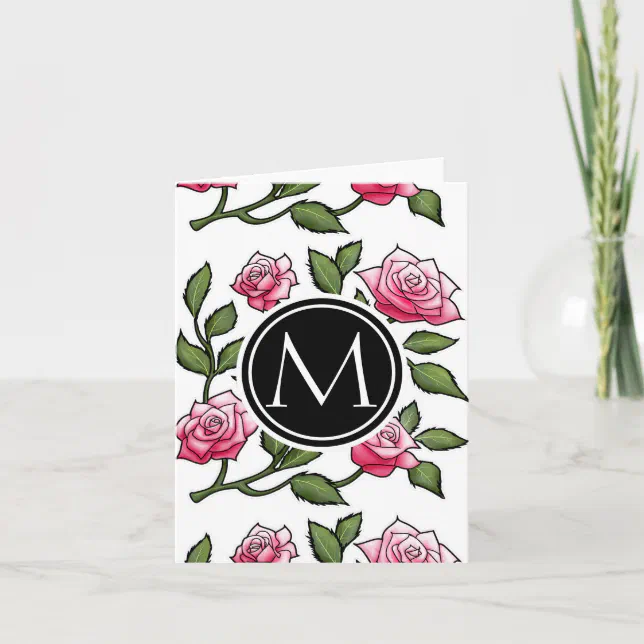 Rose Floral Illustration and Monogram Note Card | Zazzle