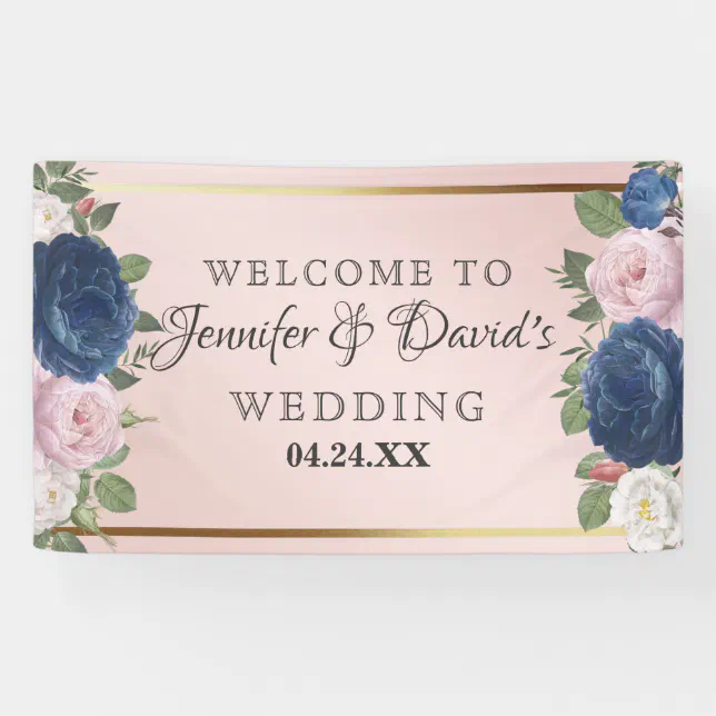 Rose Floral Navy Blue Blush Pink Gold Wedding Banner | Zazzle