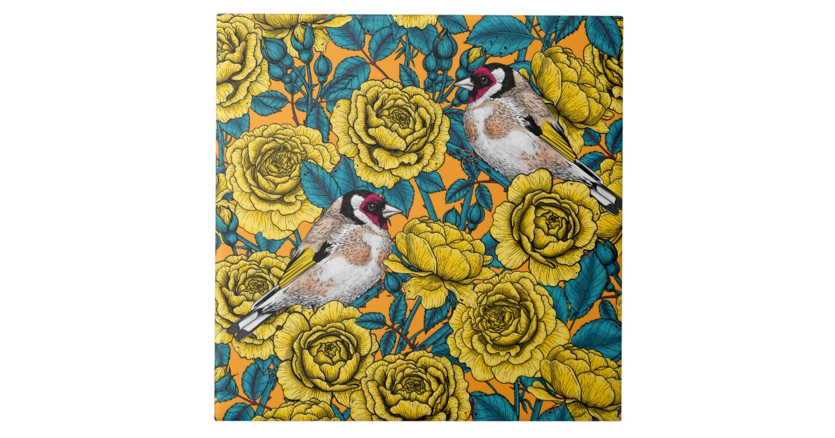 Rose flowers and goldfinch birds ceramic tile | Zazzle
