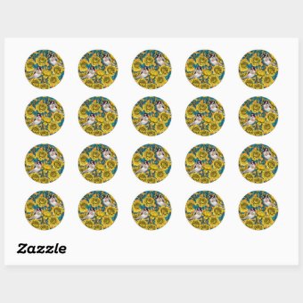 Rose flowers and goldfinch birds classic round sticker | Zazzle