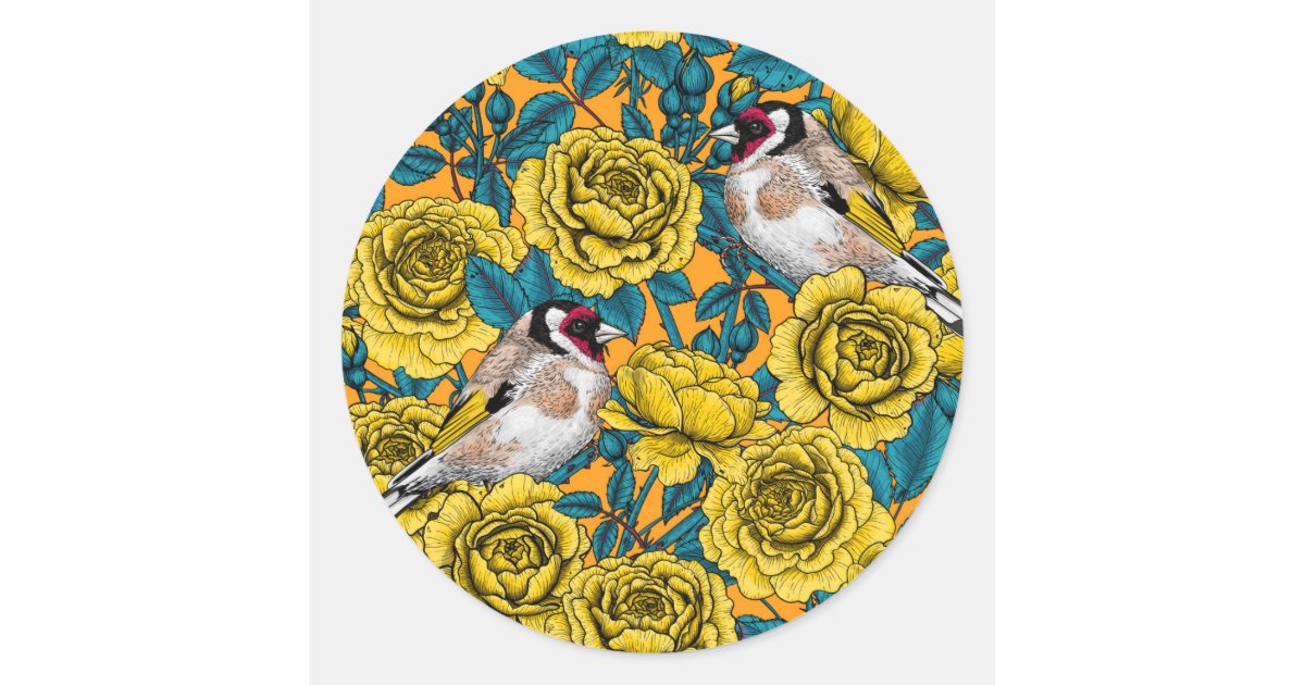 Rose flowers and goldfinch birds classic round sticker | Zazzle