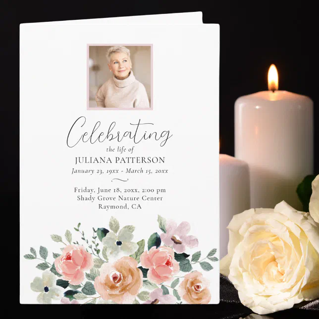 Rose Flowers Celebration of Life Photos Funeral Program | Zazzle
