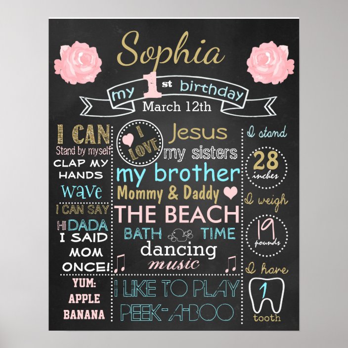 Rose Flowers First Birthday chalkboard sign girl | Zazzle.com