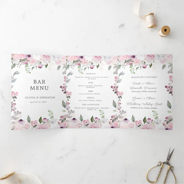 rose garden elegant tri fold bar menu card | Zazzle
